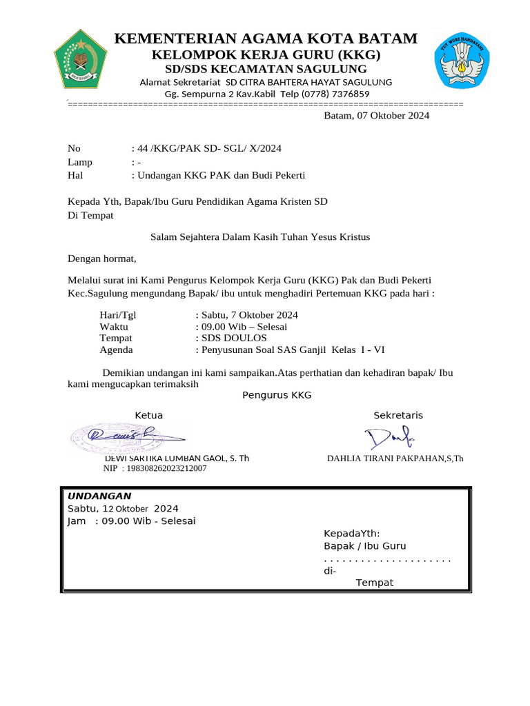 Surat Undangan KKG PAK | PDF