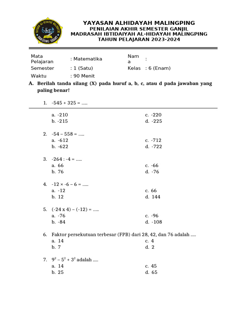 Soal Matematika Kelas 6 SDH Edit | PDF