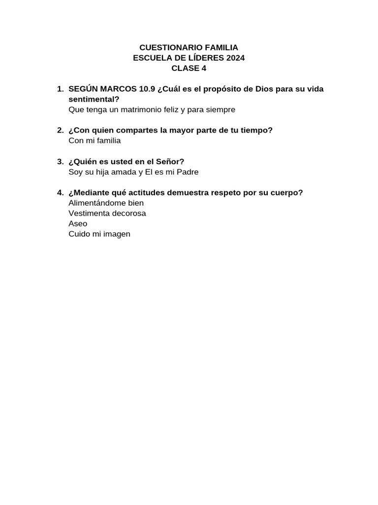 Cuestionario 4 Escuela de Líderes 2024 | PDF