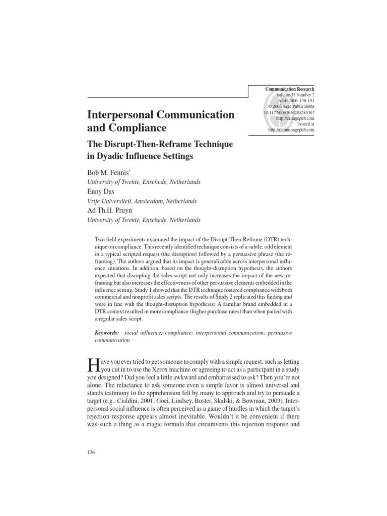 Interpersonal Communication and Compliance The Disrupt Then Reframe Technique in Dyadic ...
