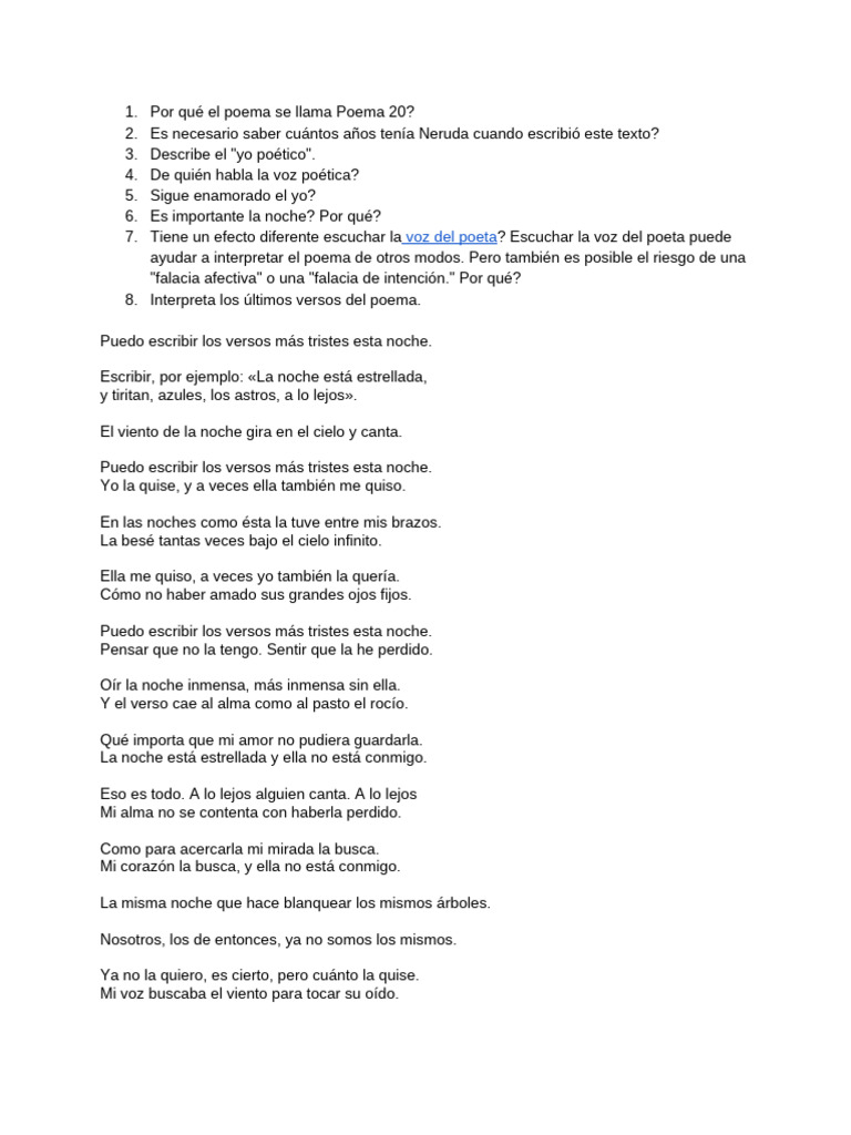 Poema 20 Cuestionario | PDF