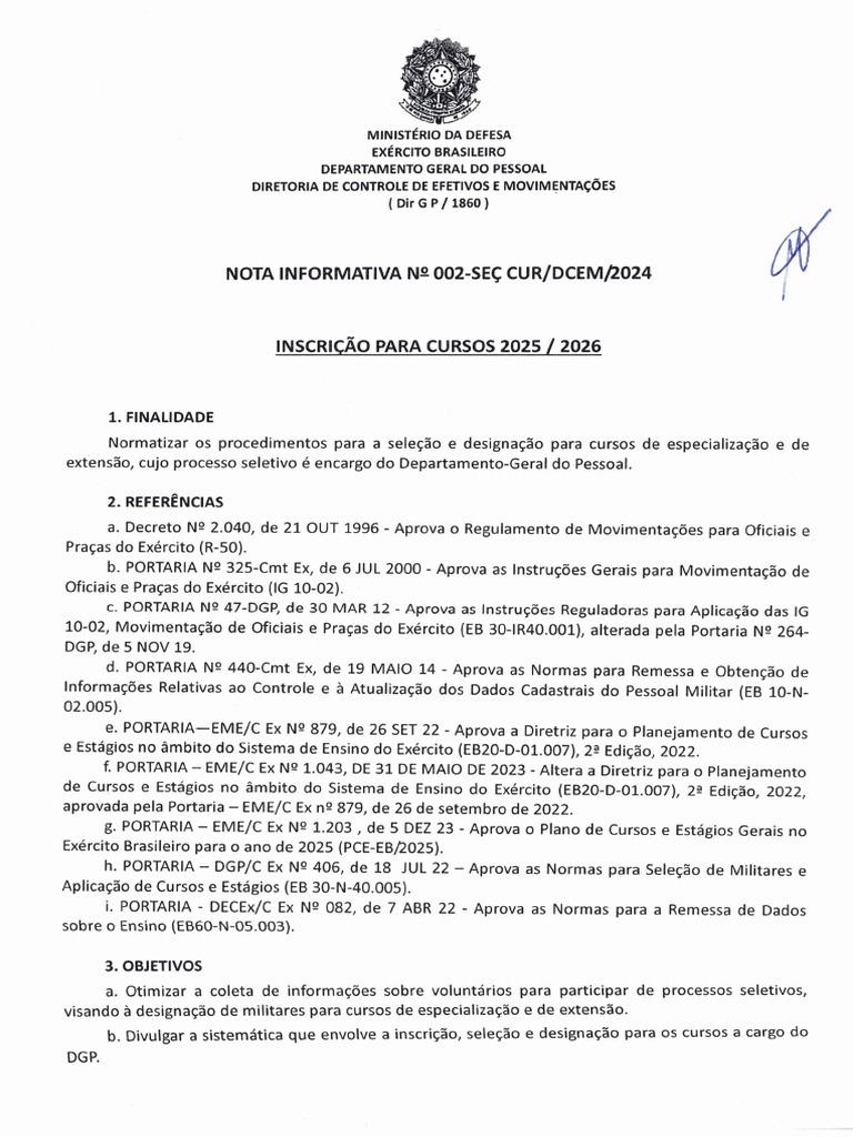 Nota Informativa 002-2024 Inscri o Eletr Nica Nos Cursos para Os Anos de 2025 e 2026 | PDF
