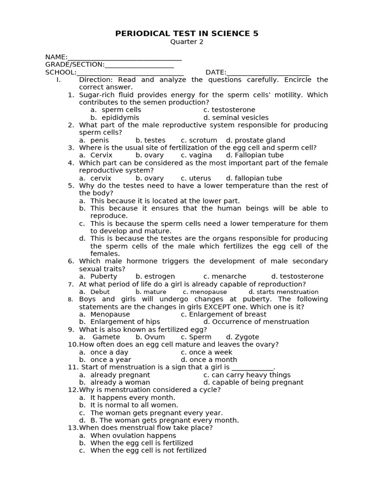 Periodical Test in Science 5 - Q2 | PDF | Menstrual Cycle | Flowers