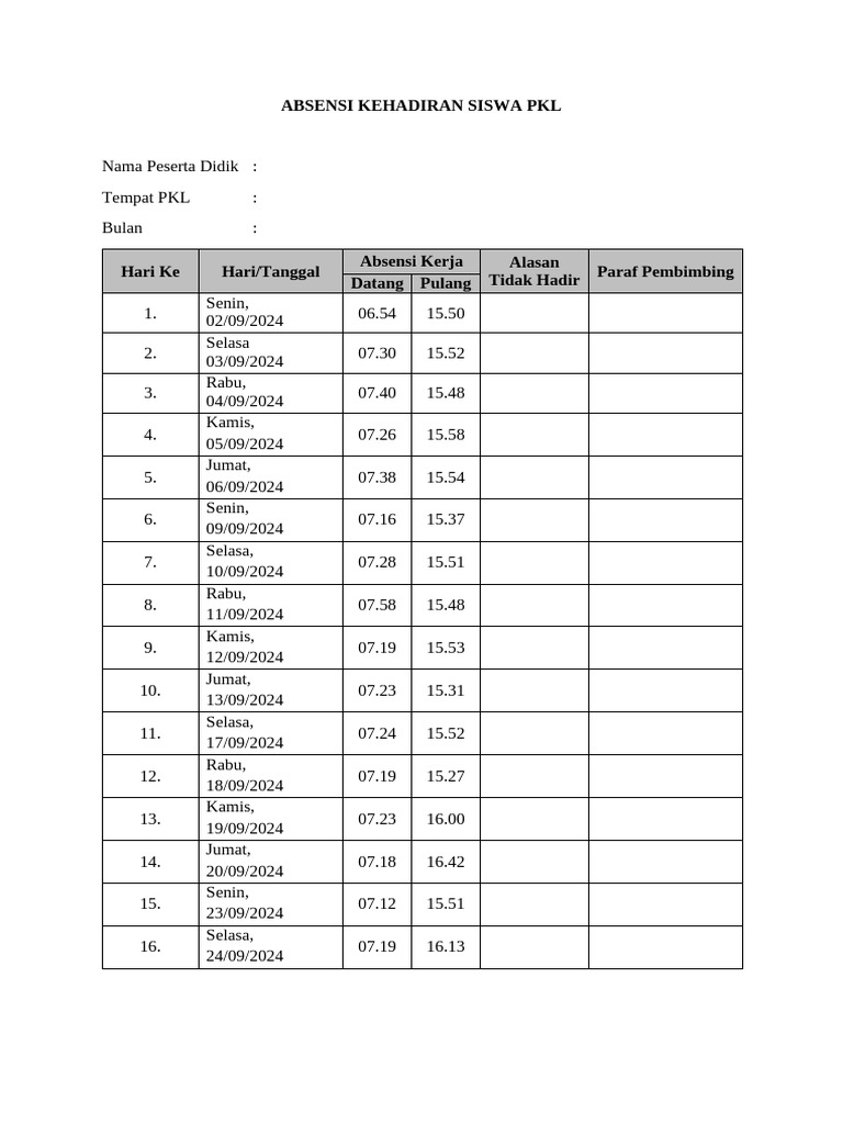Format Absen PKL | PDF