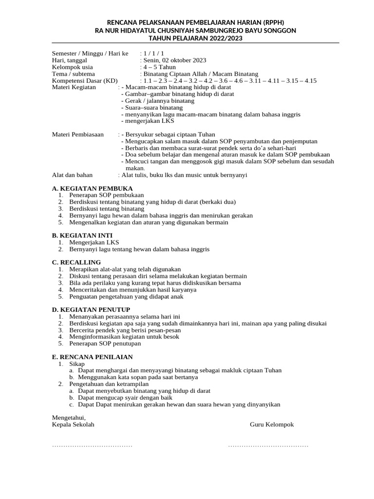 RPPH Tema Binatang Minggu Ke 1 | PDF