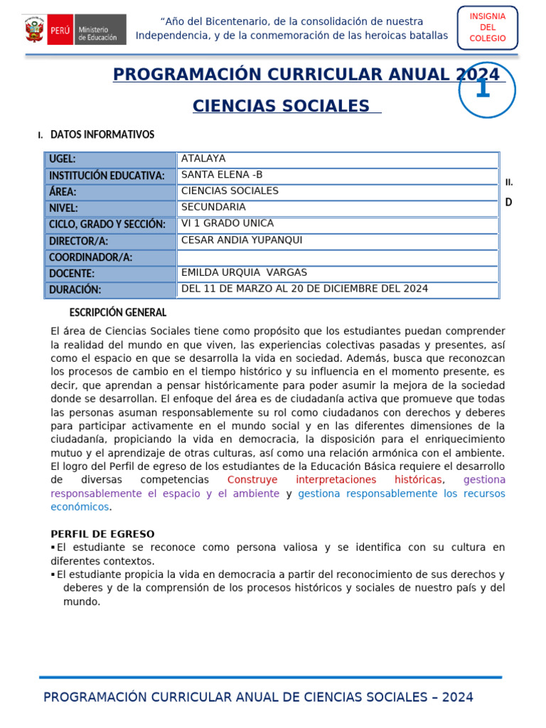 CCSS 1° - Programación Curricular Anual | PDF | Evaluación | Maestros