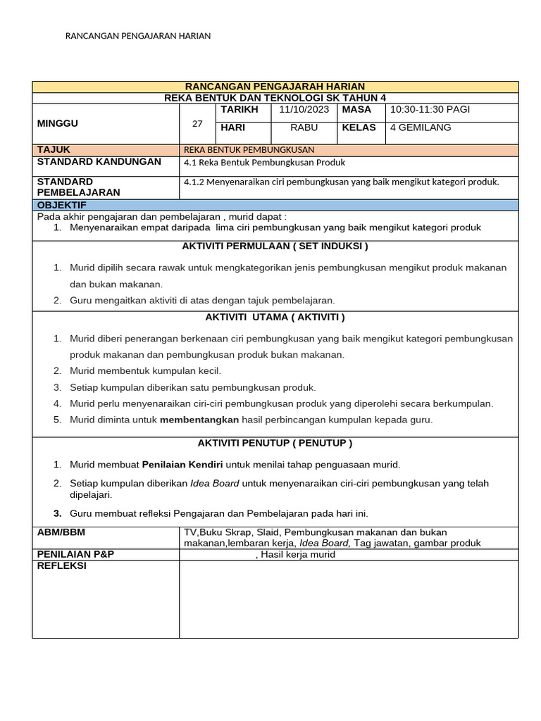 RPH Pencerapan RBT Reka Bentuk Pembungkusan | PDF