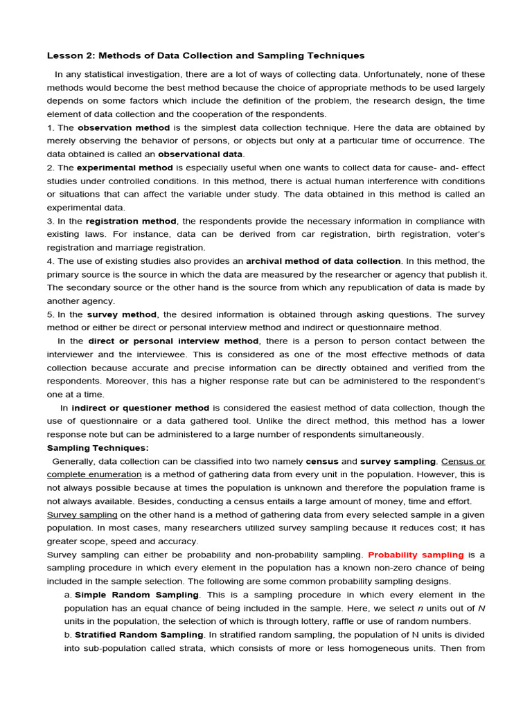 Lesson 2 Methods of Data Collection | PDF | Sampling (Statistics) | Survey Methodology