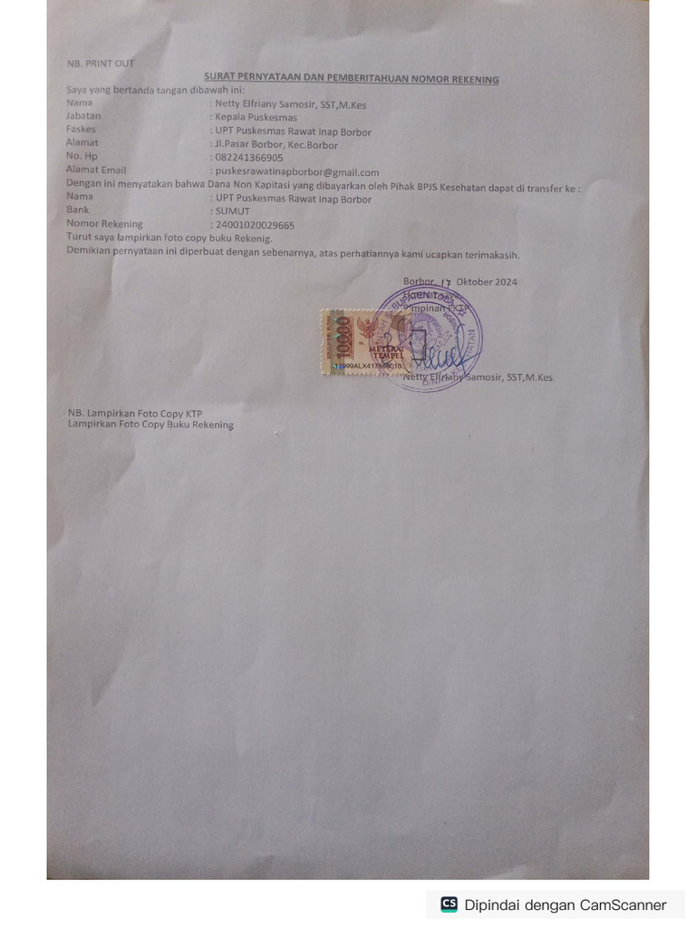 Surat Pernyataan Dana Non Kapitasi PKM Borbor | PDF