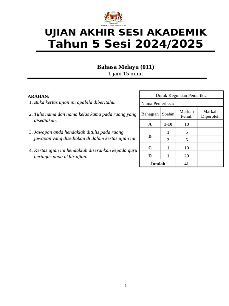 Contoh Soalan Uasa BM Tahun 5 | PDF
