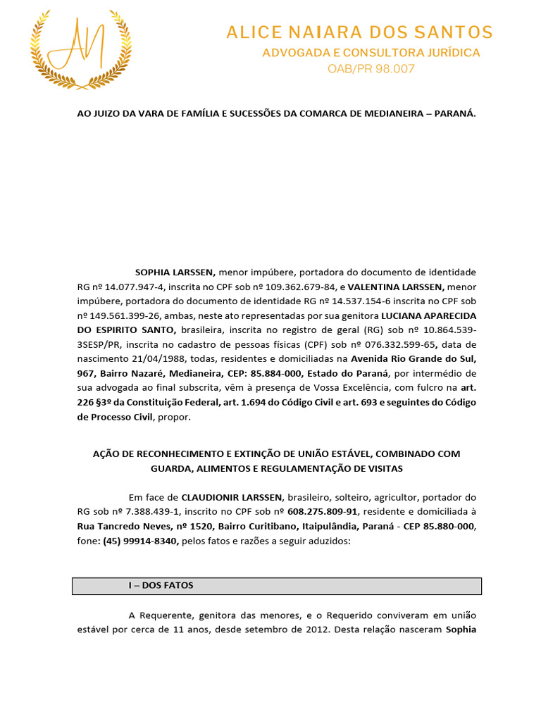 1 - Petição Inicial - Reconhecimento União Estável - Partilha de Bens ...