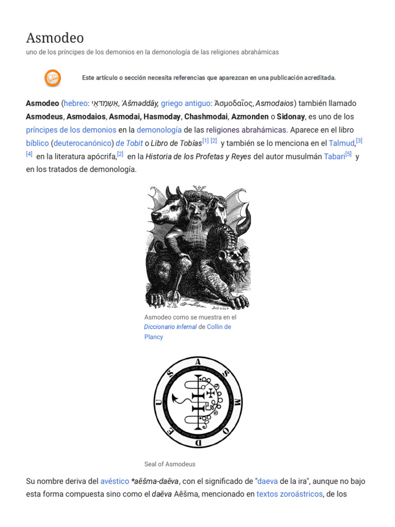 Asmodeo - Wikipedia, La Enciclopedia Libre | PDF | Demonios | Demonología