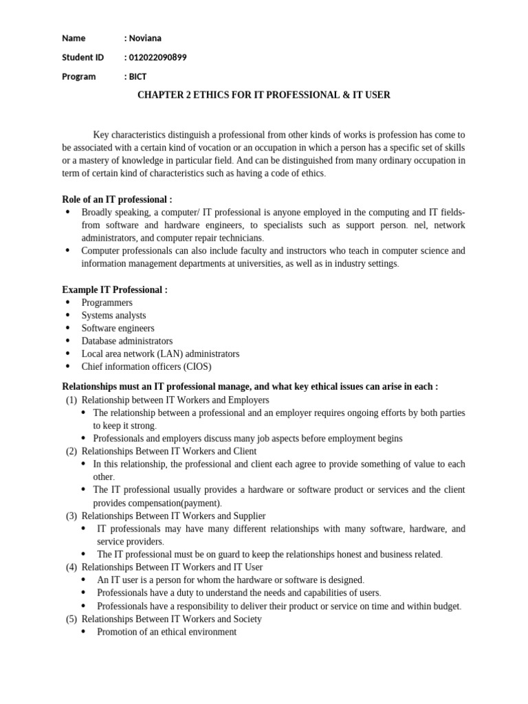 Chapter 2 Ethics For It Professional & It User | PDF | Employment | Profession
