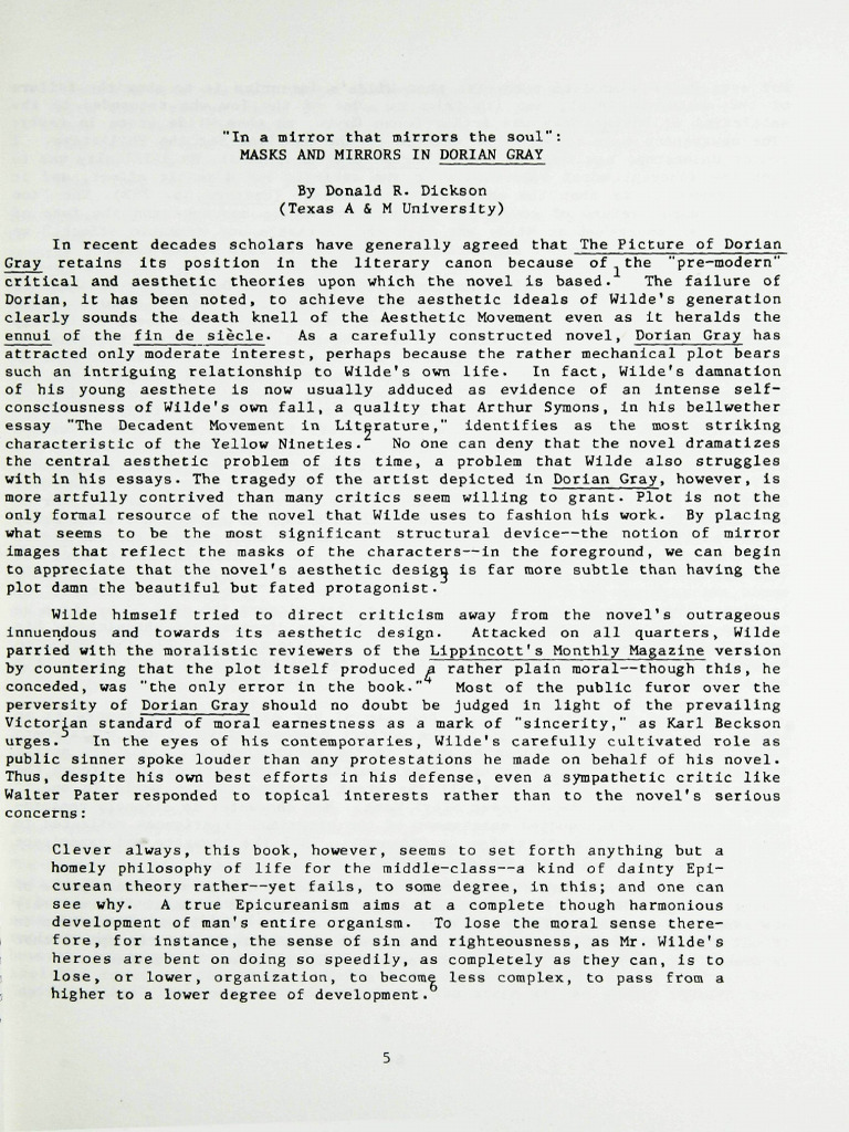 ARTICLE Mask & Mirrors in TPODG | PDF | The Picture Of Dorian Gray ...