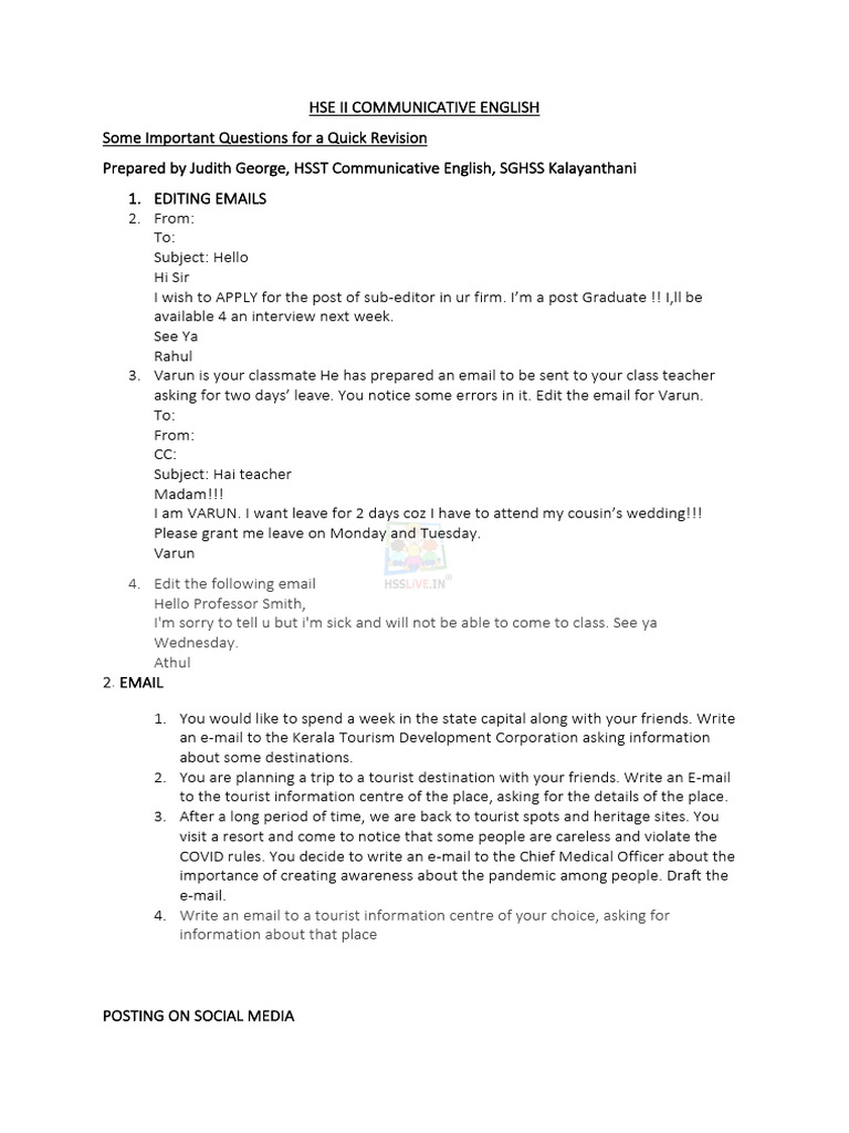 Hsslive Xii Comm English Revison Notes Judith | PDF | Sports ...