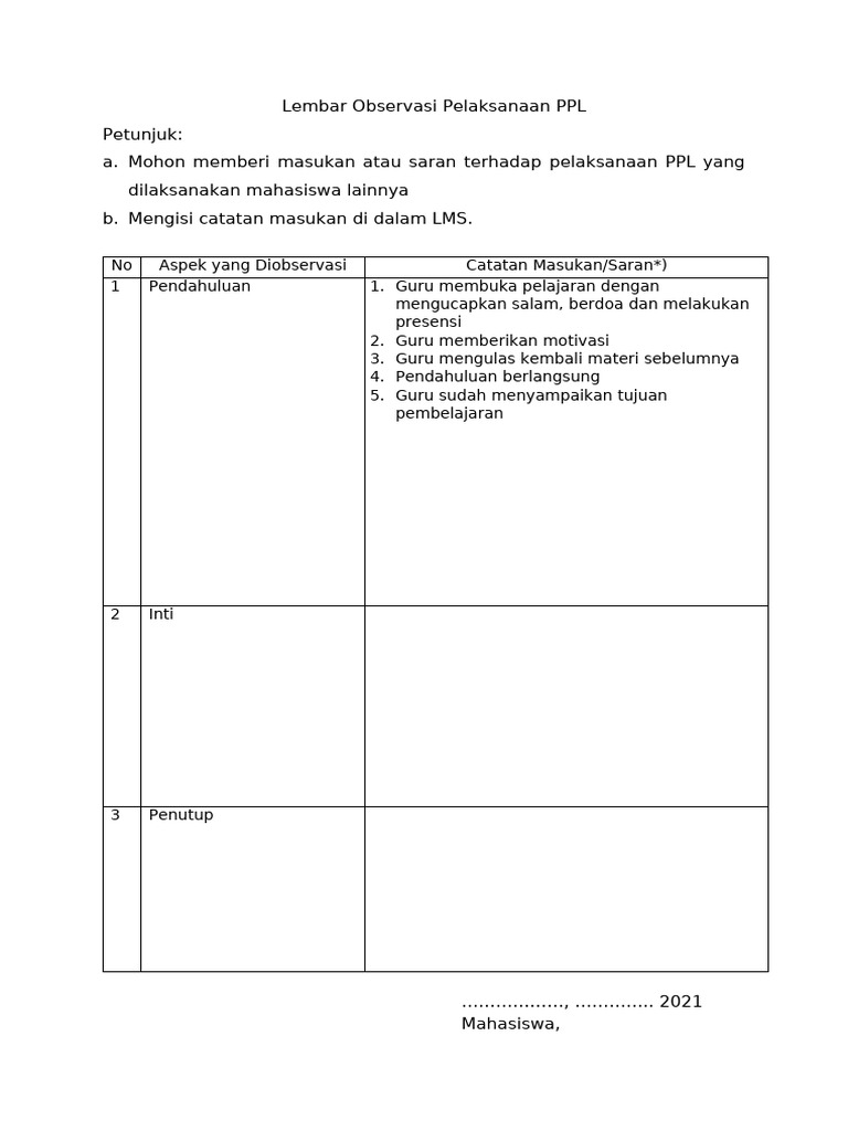 Lembar Observasi Pelaksanaan PPL | PDF
