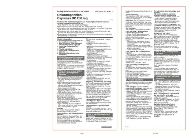 Chloramphenicol Capsule Chemidex UK PIL | PDF | Vertigo | Clinical Medicine