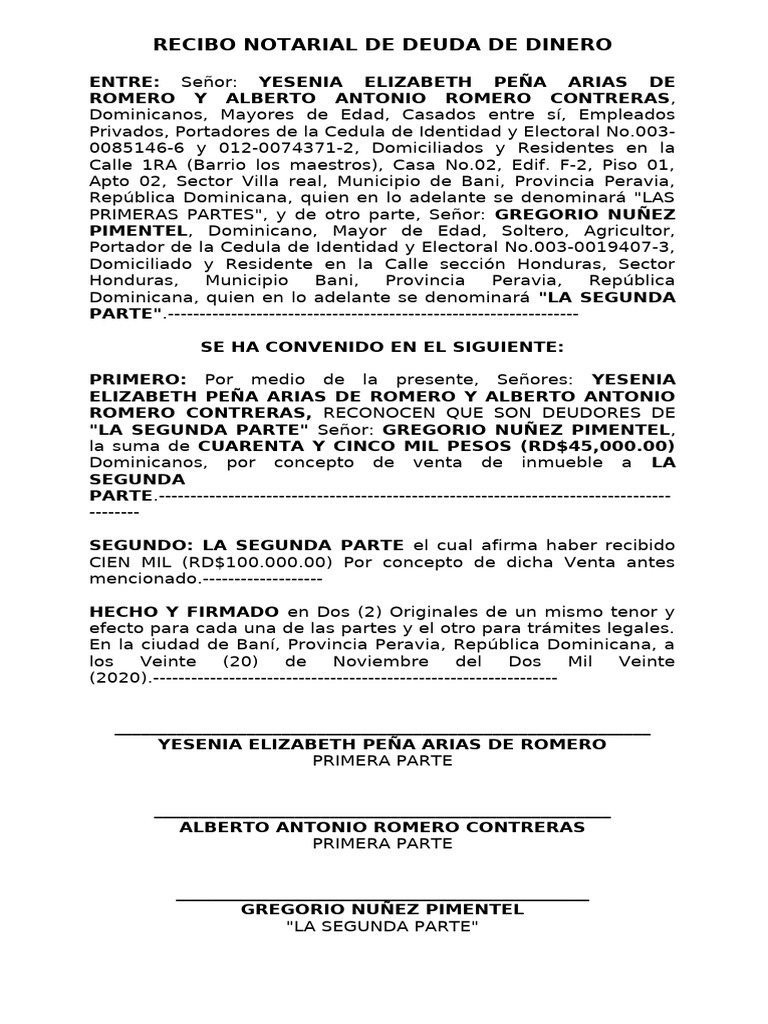 Recibo Notarial de Entrega de Dinero (Gregorio Nuñez Pimentel, Yesenia ...