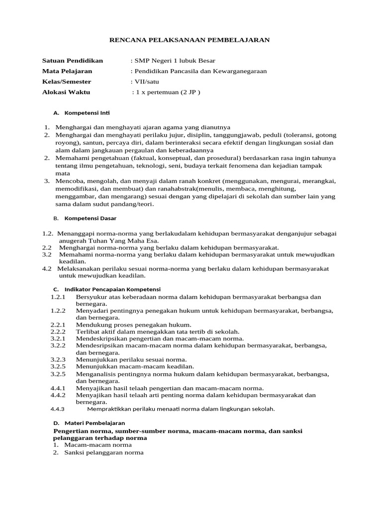 RPP ON 2 PPKN SMPN 1 Lubuk Besar | PDF