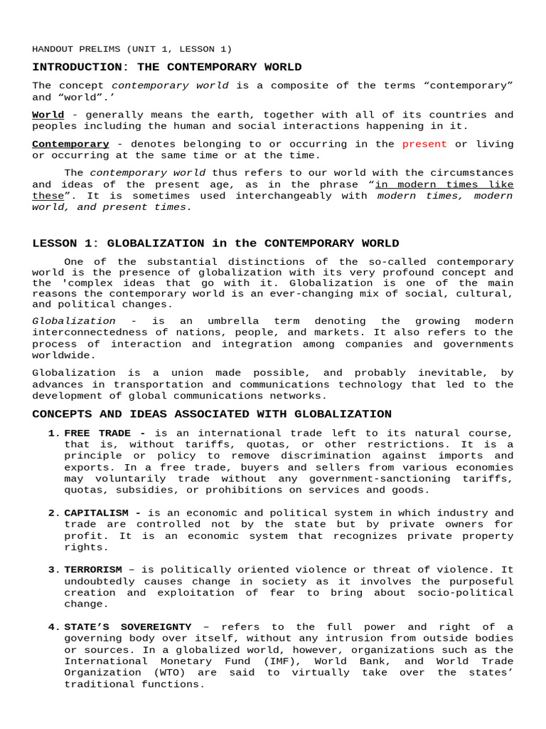 Handout Prelims Contempo Complete | PDF | World Systems Theory | Globalization