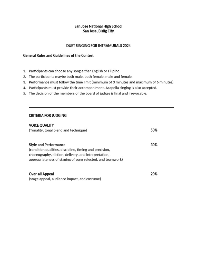 Guidelines For Duet Singing Contest | PDF