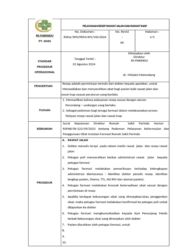 Spo Pelayanan Resep Rawat Jalan Dan Rawat Inap | PDF