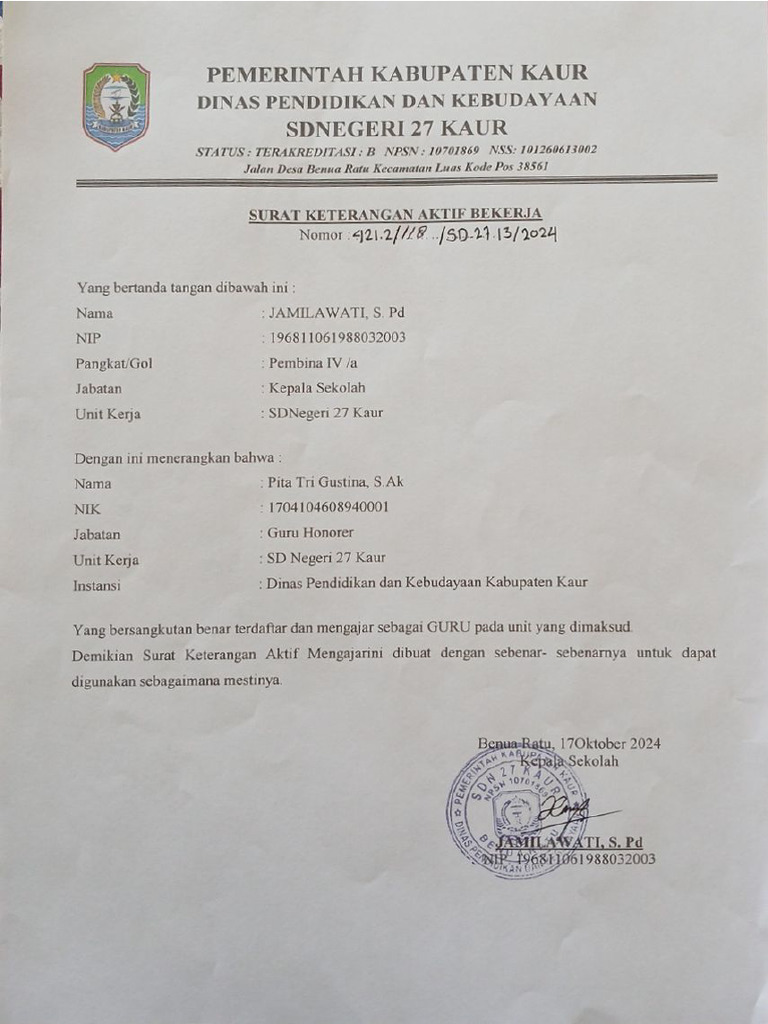Surat Aktf Bekerja Pita-2 | PDF