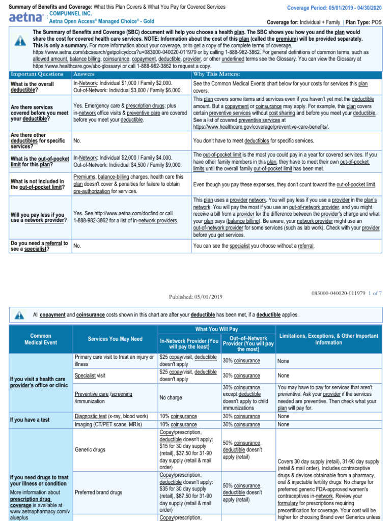 Aetna Gold Plan Oamc SBC - Compunnel | PDF | Prescription Drugs | Childbirth