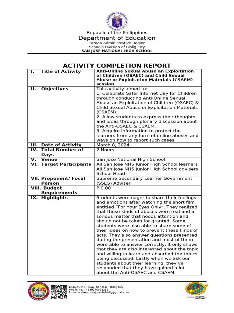 Activity Completion Report - Anti-OSAEC & CSAEM | PDF
