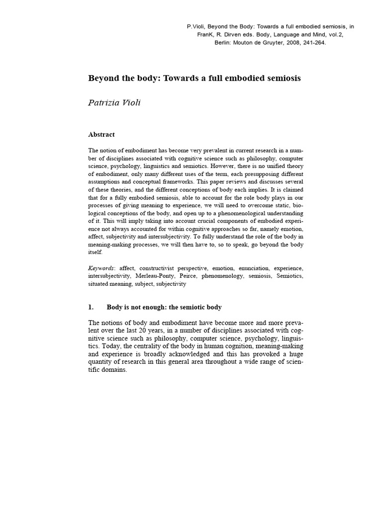 Beyond The Body: Towards A Full Embodied Semiosis: Patrizia Violi | PDF ...