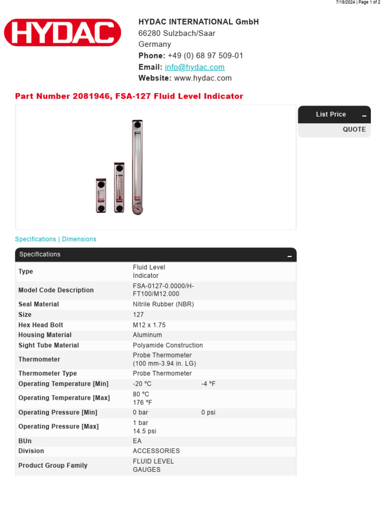 Fluid Level Indicator FSA-127 Specs | PDF