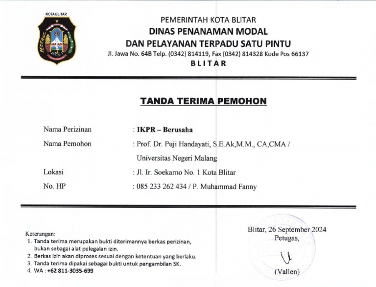 Tamda Terima Permohonan IKPR TK Lab Blitar - 0001 | PDF