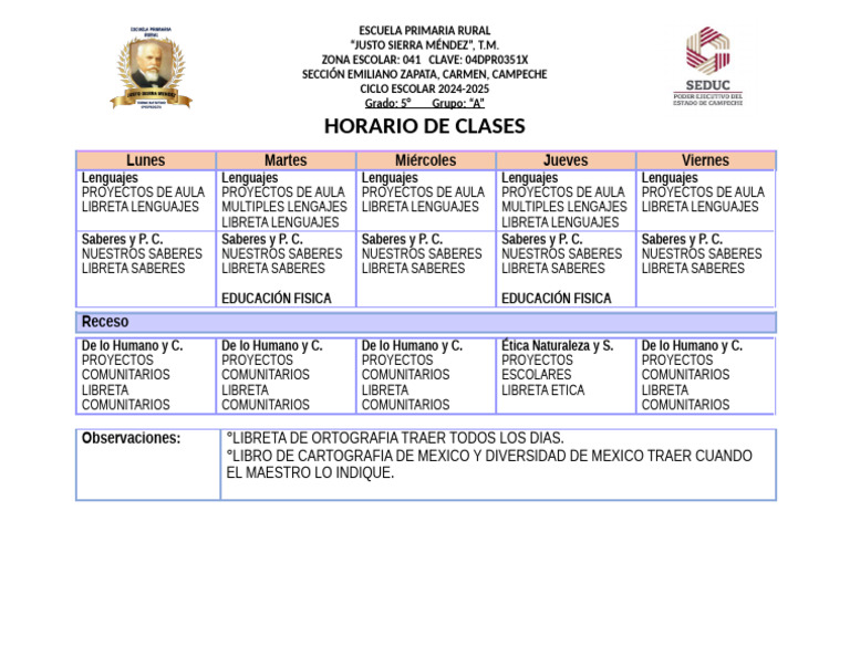 Horario de Clases 5° | PDF