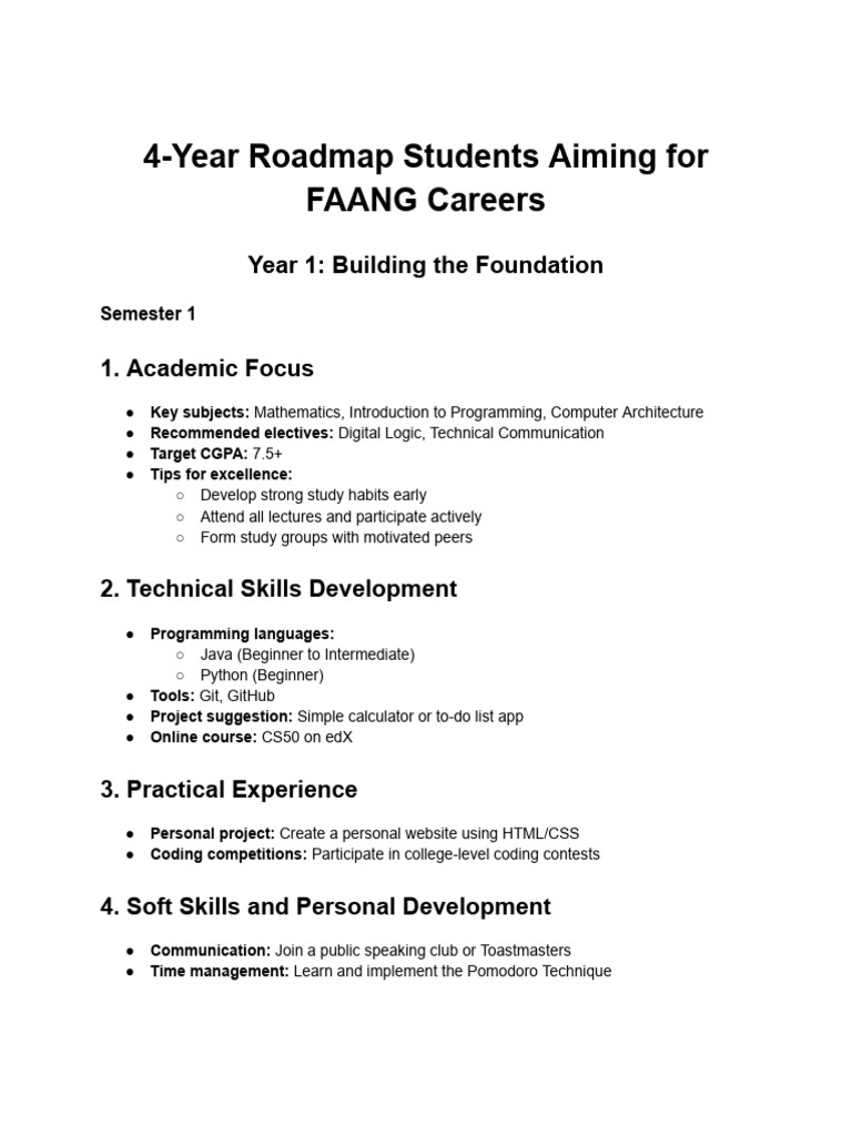 4-Year Roadmap Students Aiming For FAANG Careers | PDF | Computer Programming | Educational ...