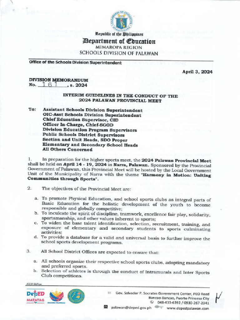 DM No. 161 S. 2024 Interim Guidelines in The Conduct of The 2024 Palawan Provincial Meet 1 | PDF