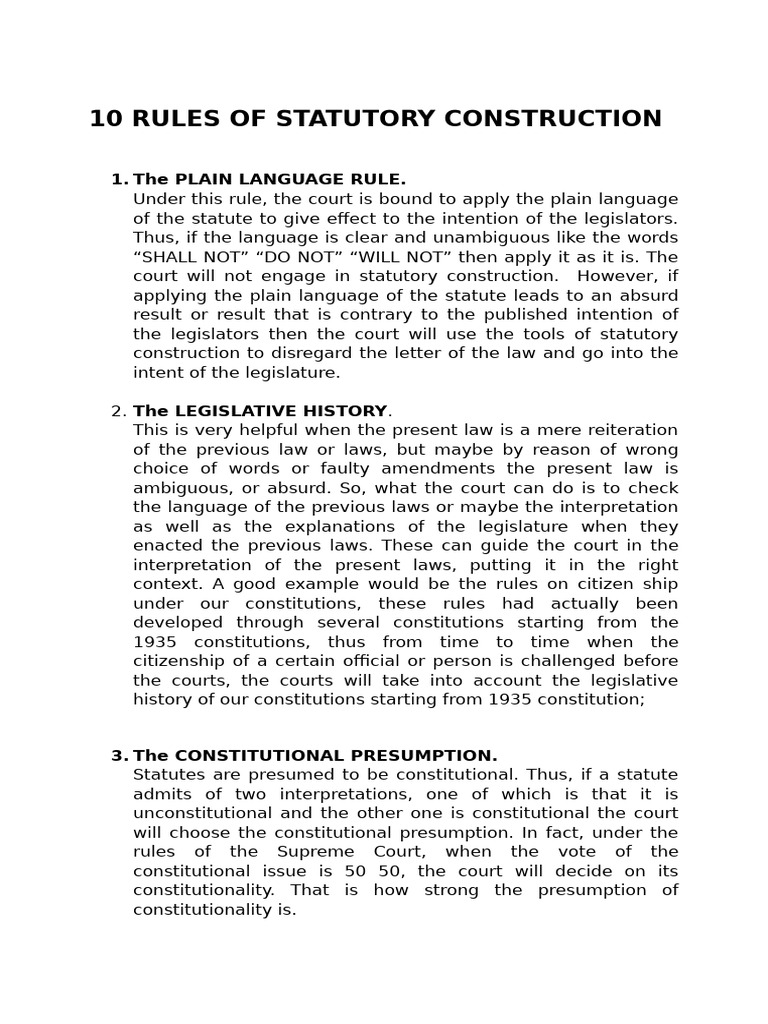 10 RULES OF STATUTORY CONSTRUCTION Hand Out | PDF | Statutory ...