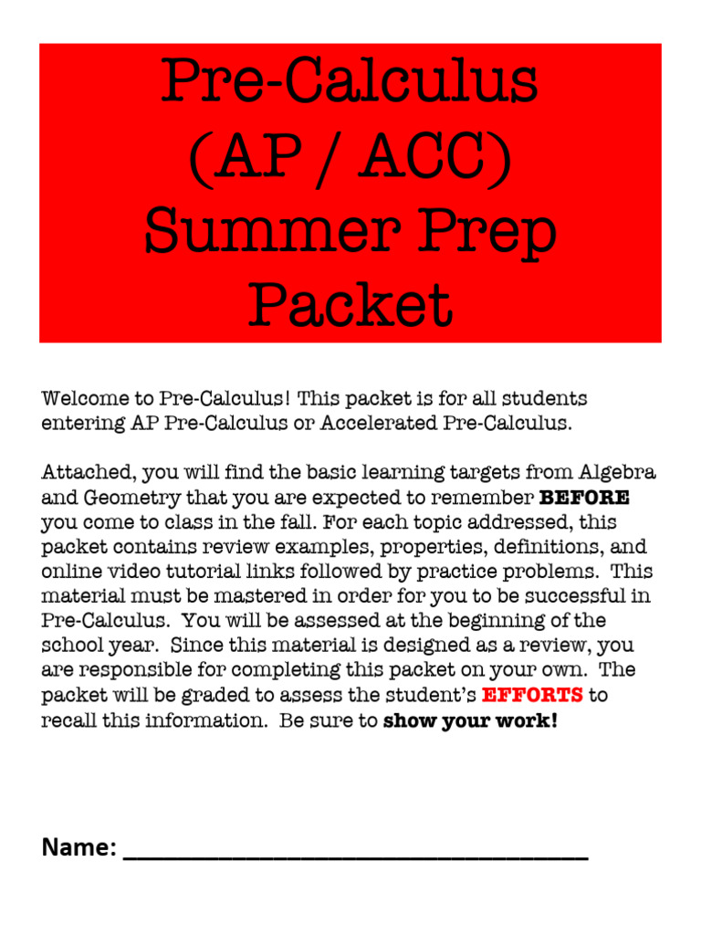 AP and ACC PreCalc Summer PKT - 2024 | PDF | Quadratic Equation | Equations