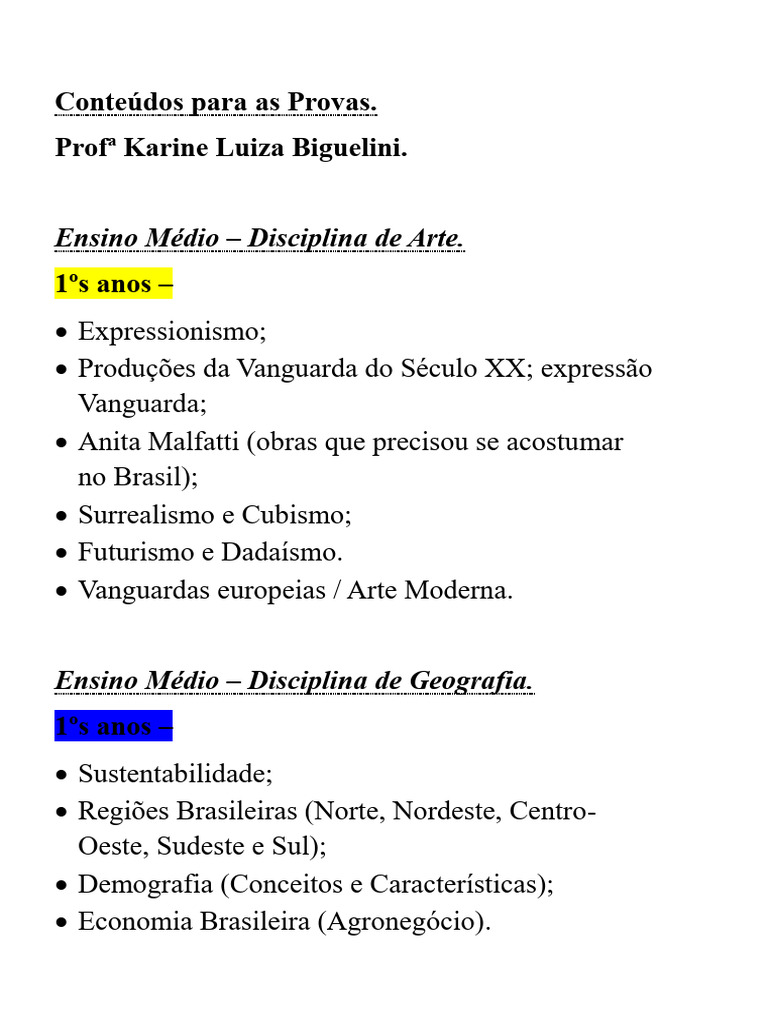ENSINO MÉDIO Karine Luiza Biguelini Conteúdos Provas 3º BiM. 2024 | PDF