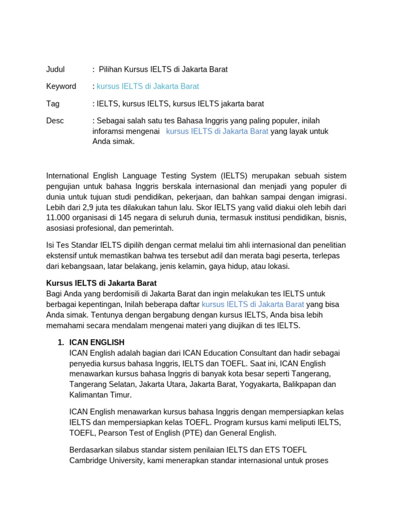 Pilihan Kursus IELTS Di Jakarat Barat | PDF
