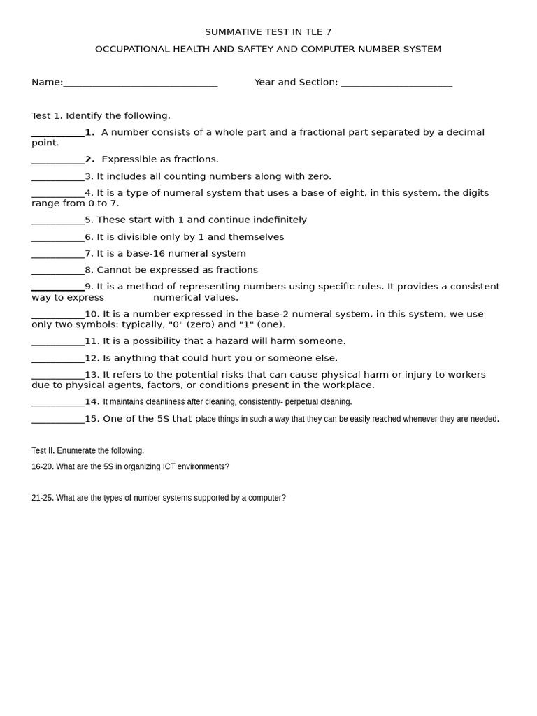 SUMMATIVE TEST IN TLE 7 - OHS, Number System | PDF