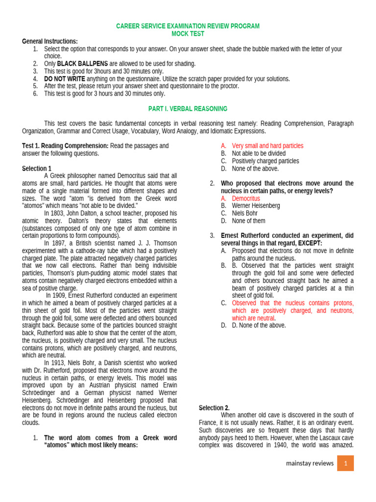 CSE Mock Exam - August 2019 Key | PDF | Atomic Nucleus | Electron