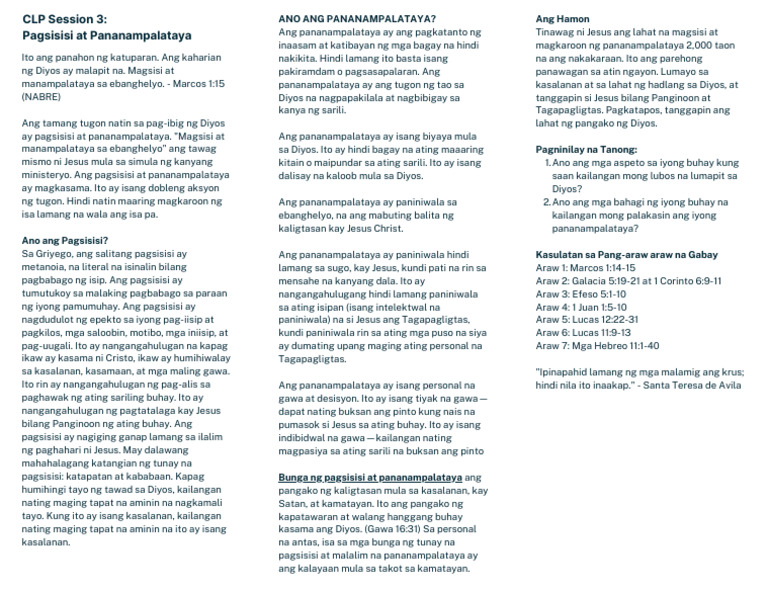 CLP Session 3 Pagsisisi at Pananampalataya | PDF