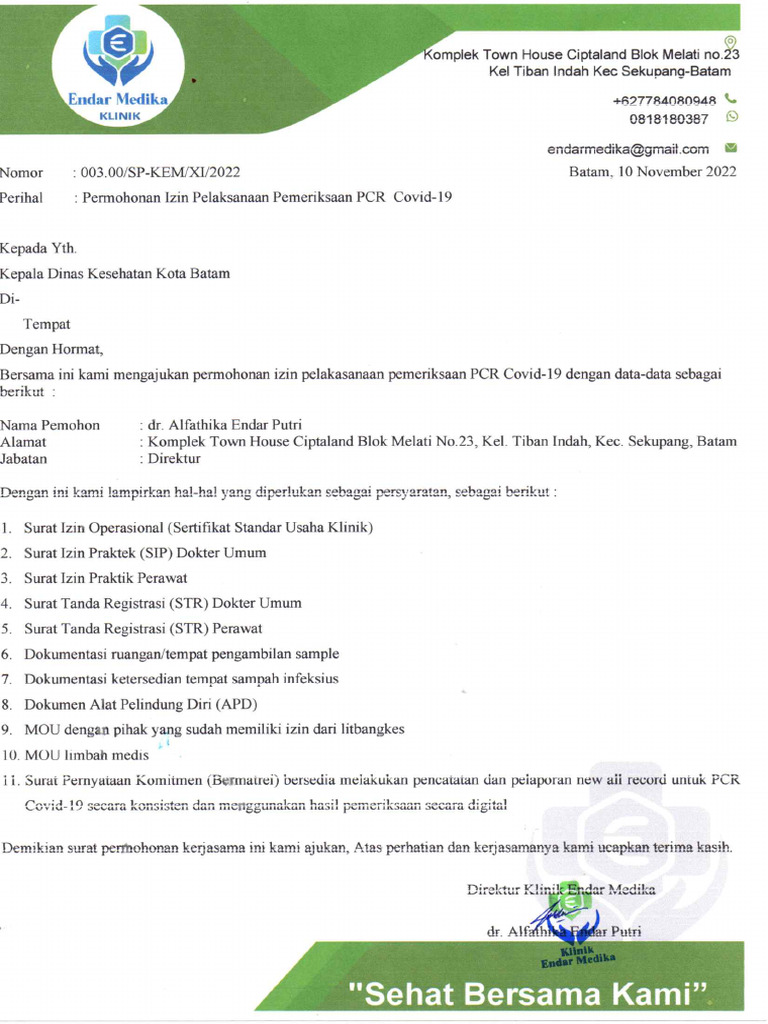 Surat Permohonan PCR Klinik Endar Medika20221111 - 09580837 | PDF