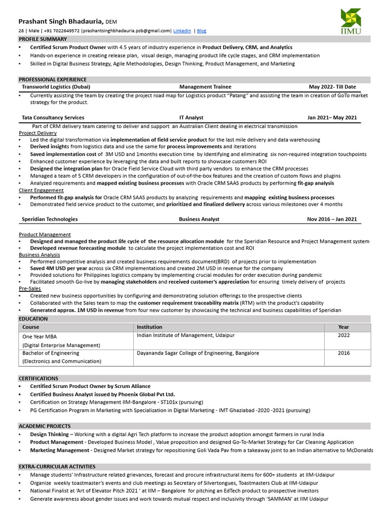 Prashant Singh Bhadauria_CV | PDF | Customer Relationship Management ...