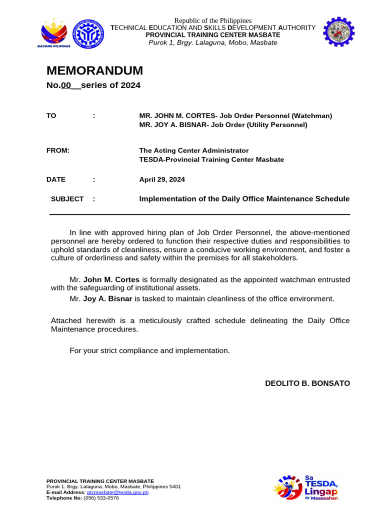 Memorandum Series of 2024 - Office Maintenance Schedule | PDF