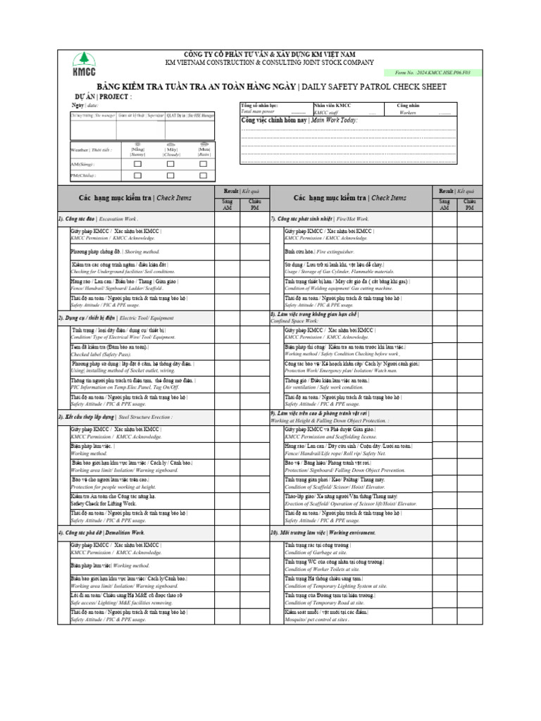2024.KMCC.hse.P06.F03 Checklist Daily Patrol at Site (Hiẹn Dùng Chung Mãu Này Cho Patrol HNO) | PDF