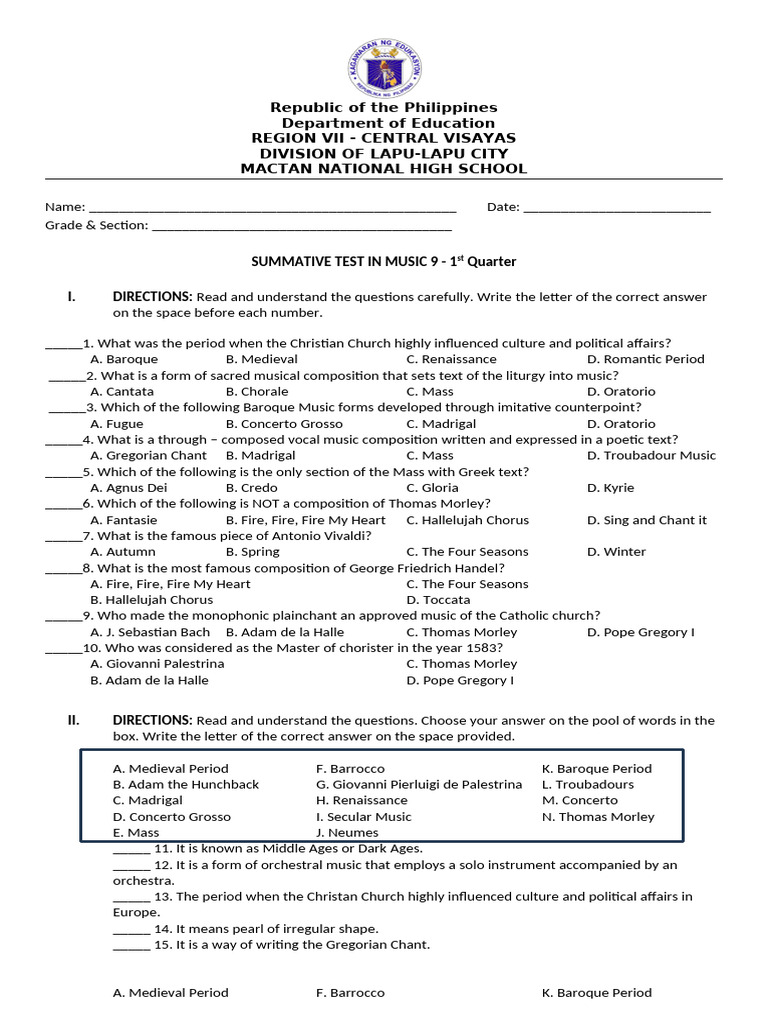 Music Summative Test for Grade 9 | PDF | Choir | Gregorian Chant