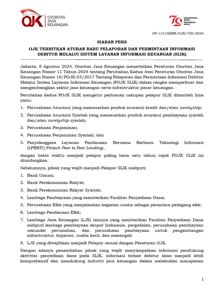 SP OJK Terbitkan Aturan Baru Pelaporan Dan Permintaan Informasi Debitur ...