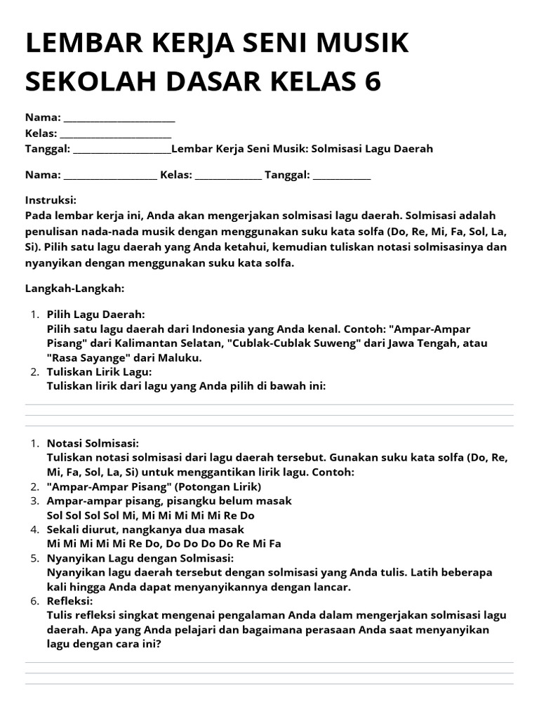 Lembar Kerja Solmisasi Lagu Daerah Kelas 6 | PDF