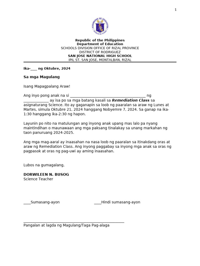 Letter Remedial To Parents | PDF
